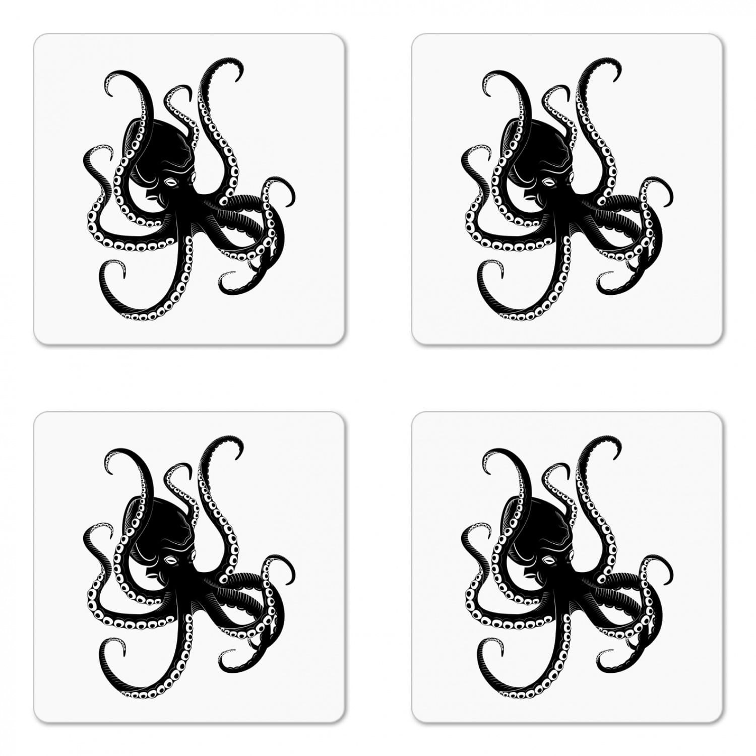 Octopus Coaster Set of 4, Monochrome Image of a Sea Animal Raising its ...