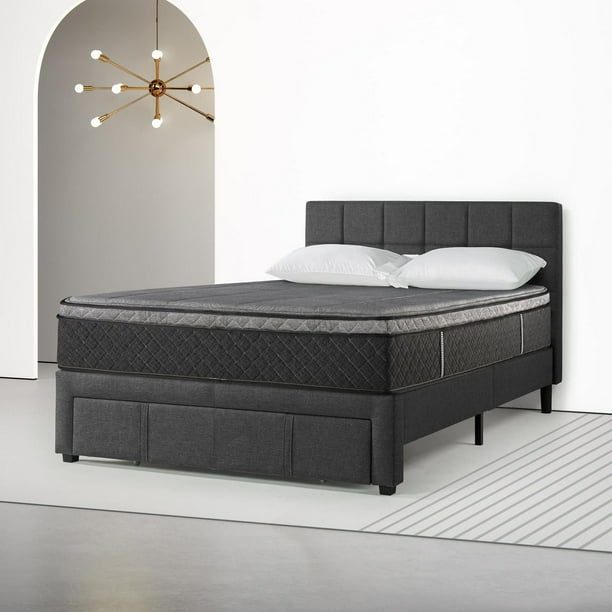 Zinus Lottie Upholstered Platform Bed Frame with Storage Drawer, Grey ...