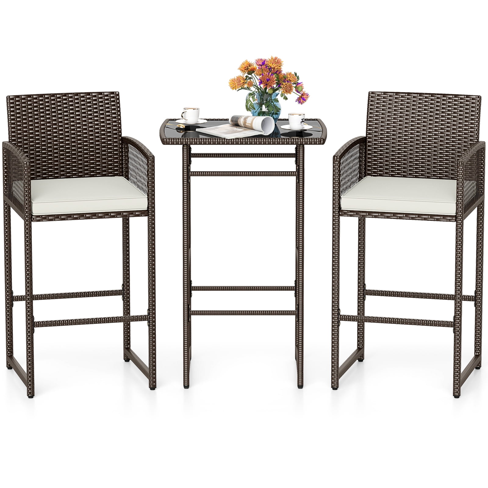 Click here for Gymax Set Of 3 Patio Bar Set Wicker Table & Armcha... prices