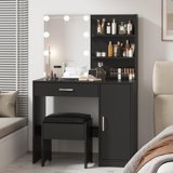 VEANERWOOD Black Makeup Vanity Table Set with Mirror, Shelves, Cabinet ...