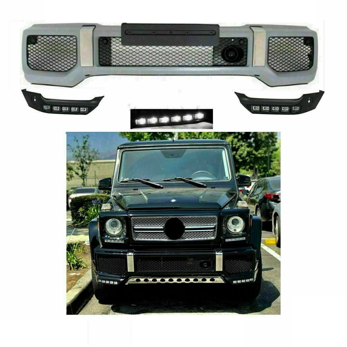 AFTERMARKET G63 AMG 4X4 FRONT BUMPER B-STYLE LED LOWER LIP AMG BODY KIT ...