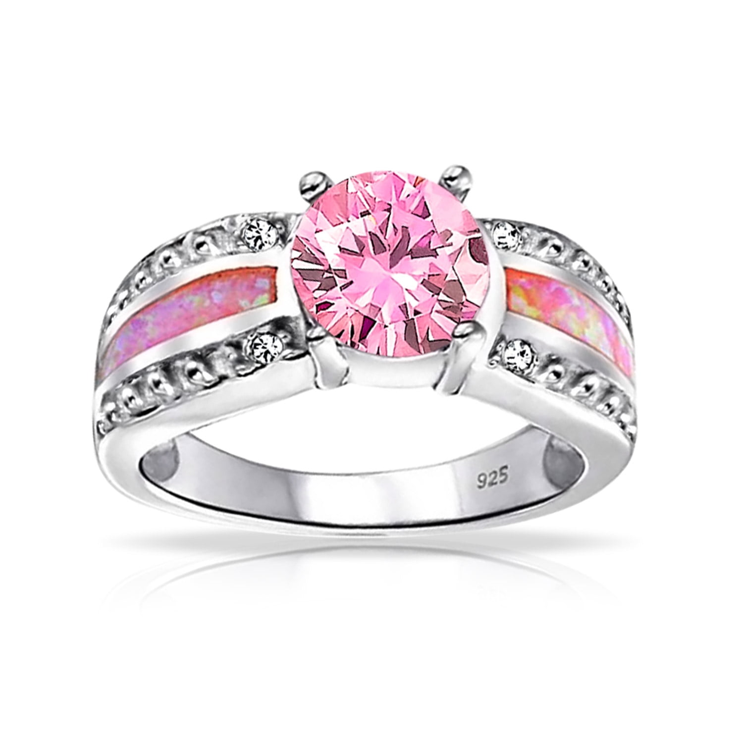 Unique Pink Created Opal Inlay Round Brilliant Cut Solitaire Engagement ...