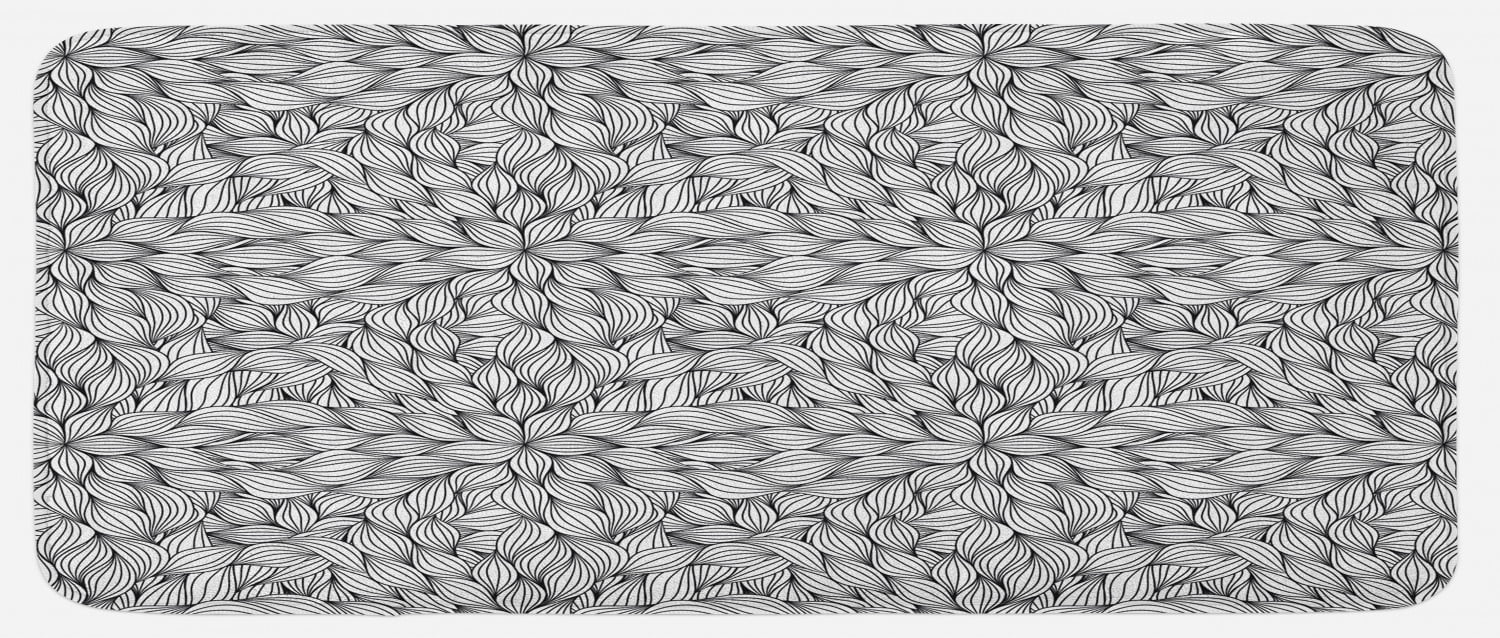 Black and White Kitchen Mat, Line Art Style Foliage Pattern with ...