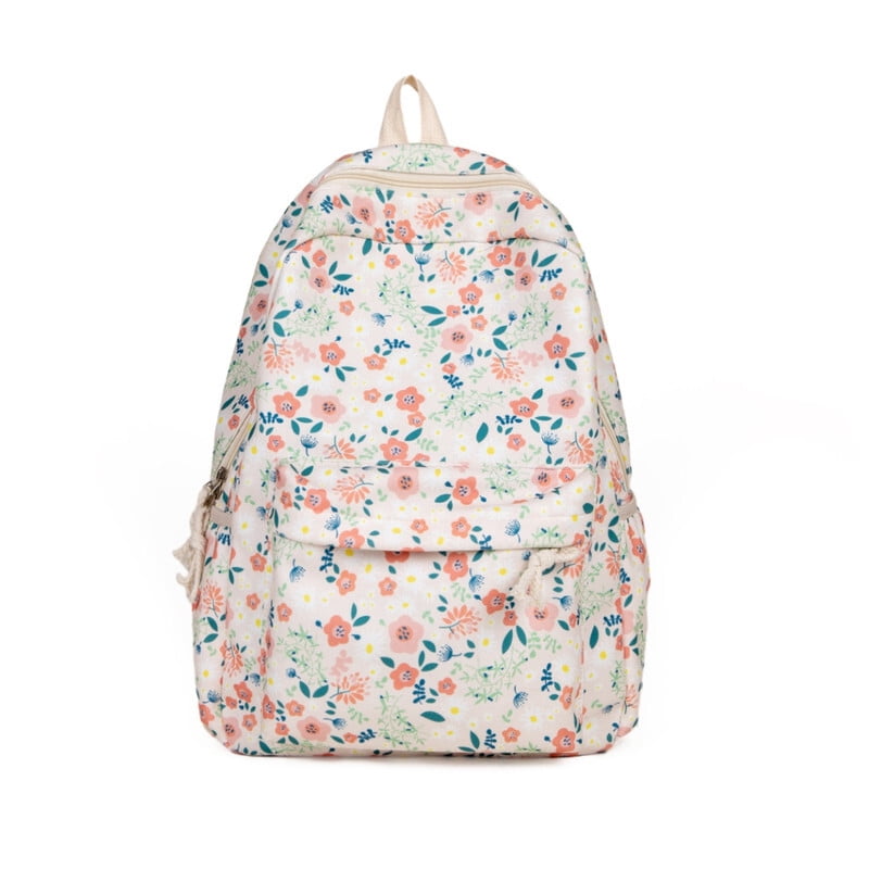 Mochila escolar de niña de la escuela secundaria con flores frescas ...