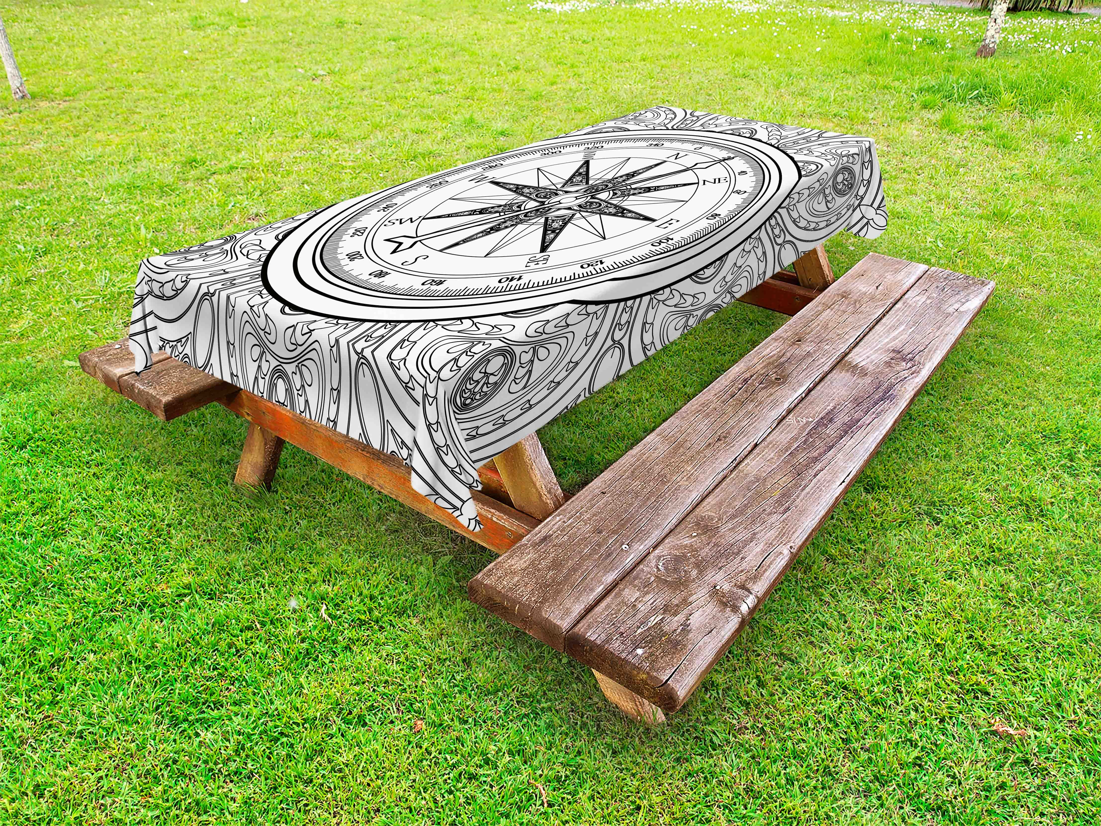 Compass Outdoor Tablecloth, Hand Drawn Windrose in Line Art Style ...
