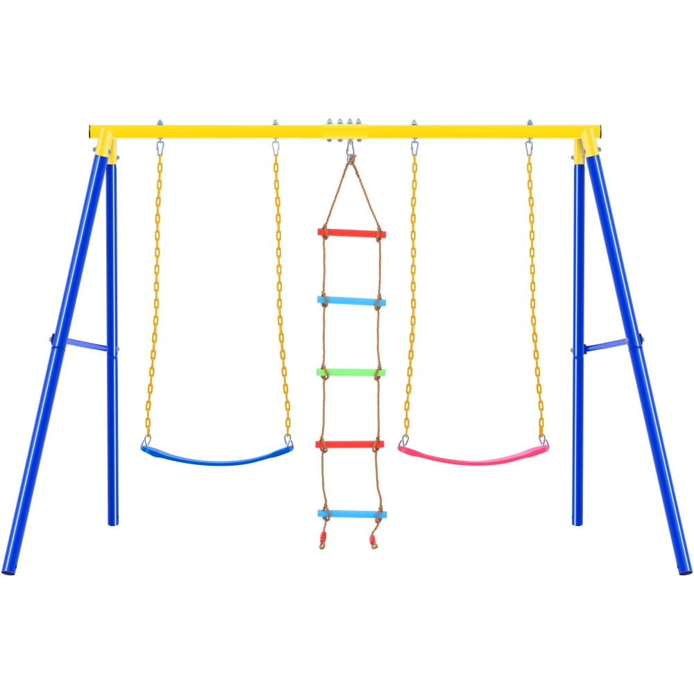 3-in-1 Outdoor Kids Double Swings Set, Metal-Framed Playground Tree ...