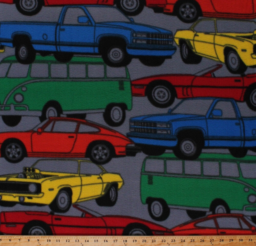 Fleece Multi-Colored Vintage Cars Vans Trucks on Gray Vehicles Classics ...