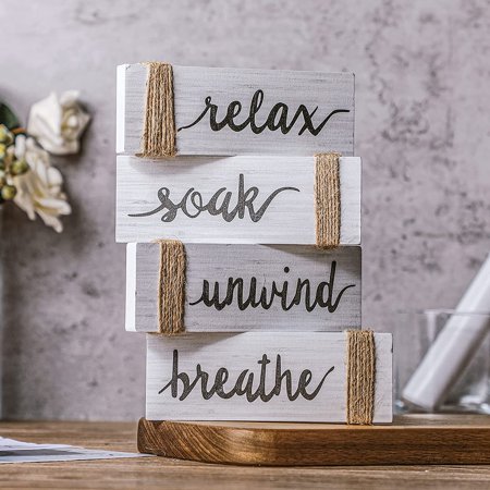 4 Pieces Relax Soak Unwind Breathe Wooden Sign Rustic Bathroom Wall Art ...