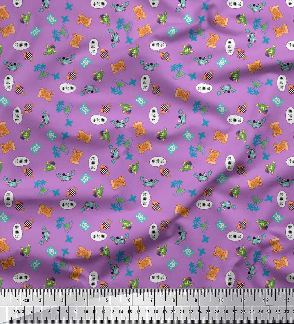 Soimoi Satin Silk Fabric Tree,Crab & Fish Ocean Print Fabric by The ...