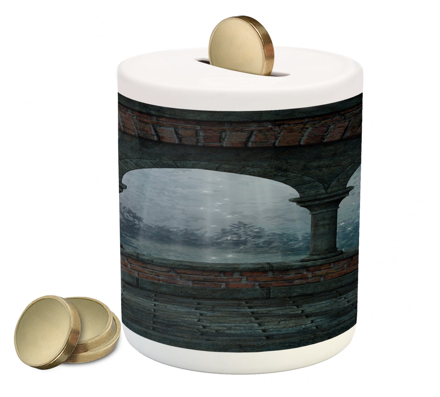 Gothic Piggy Bank, Medieval Castle at Night with Old Arch and Candles ...