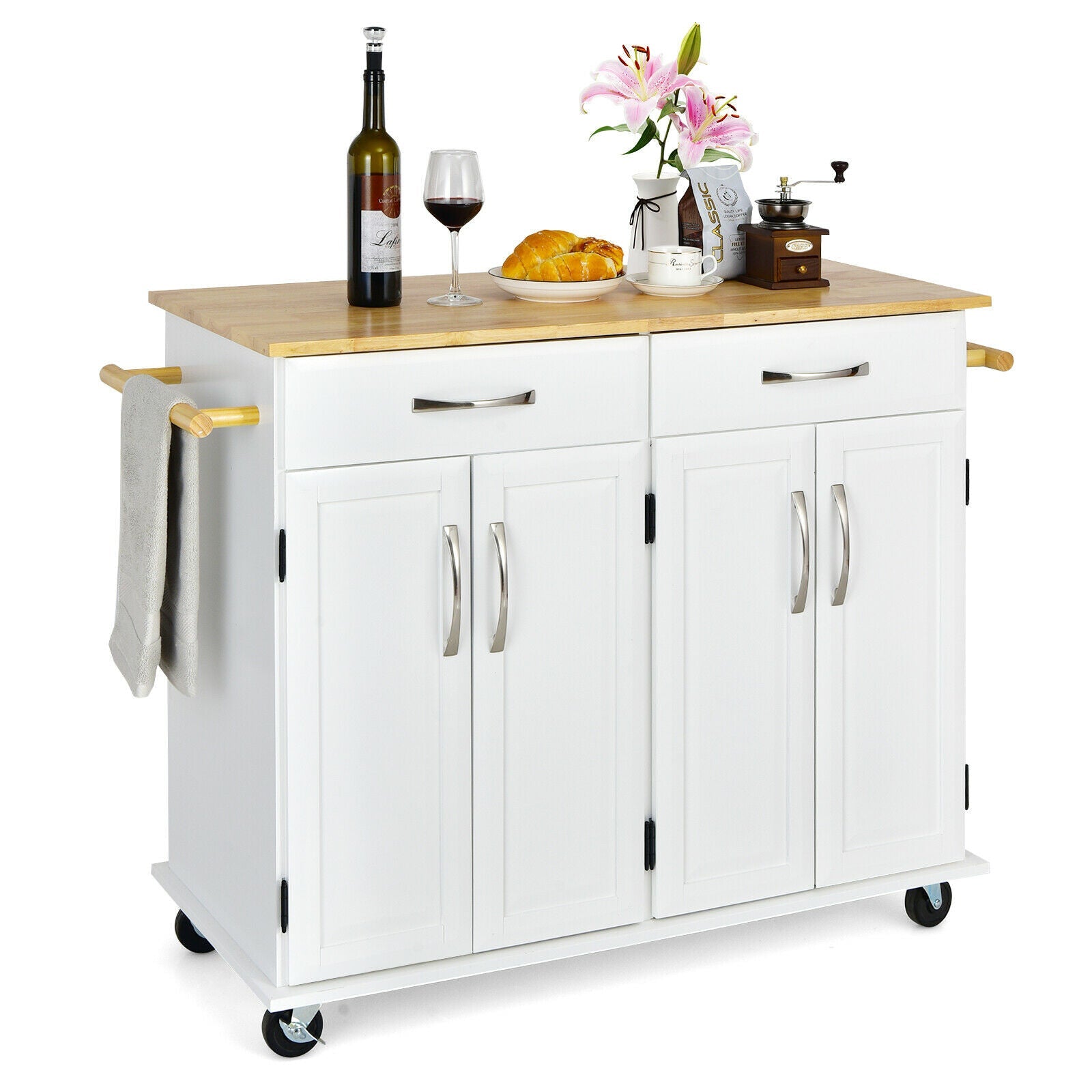 4-Door Rolling Kitchen Island Cart Buffet Cabinet w/ Towel Racks ...