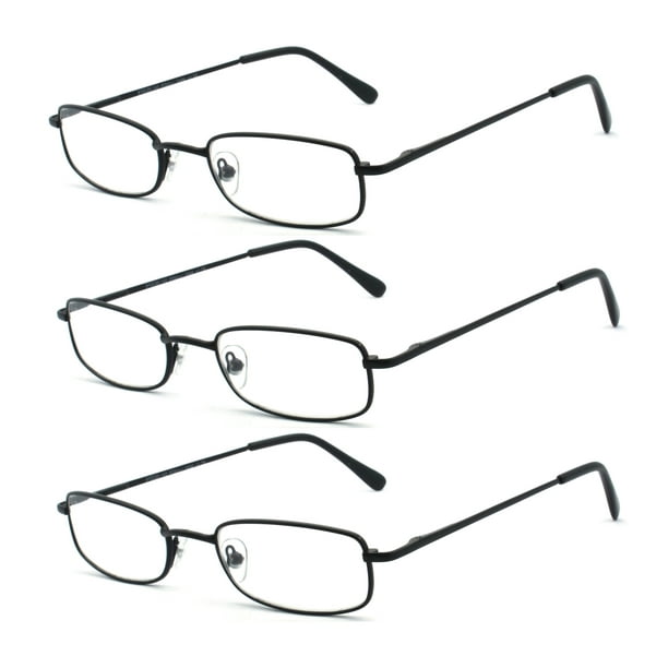 EYE ZOOM 3 Pack Classic Spring Hinges Rectangular Metal Reading Glasses for Men and Women, Black ...