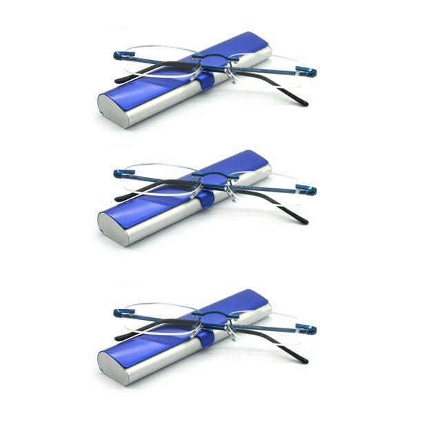 EYE ZOOM Compact 3 Pack Rimless Reading Glasses with Slim Navy Blue and ...