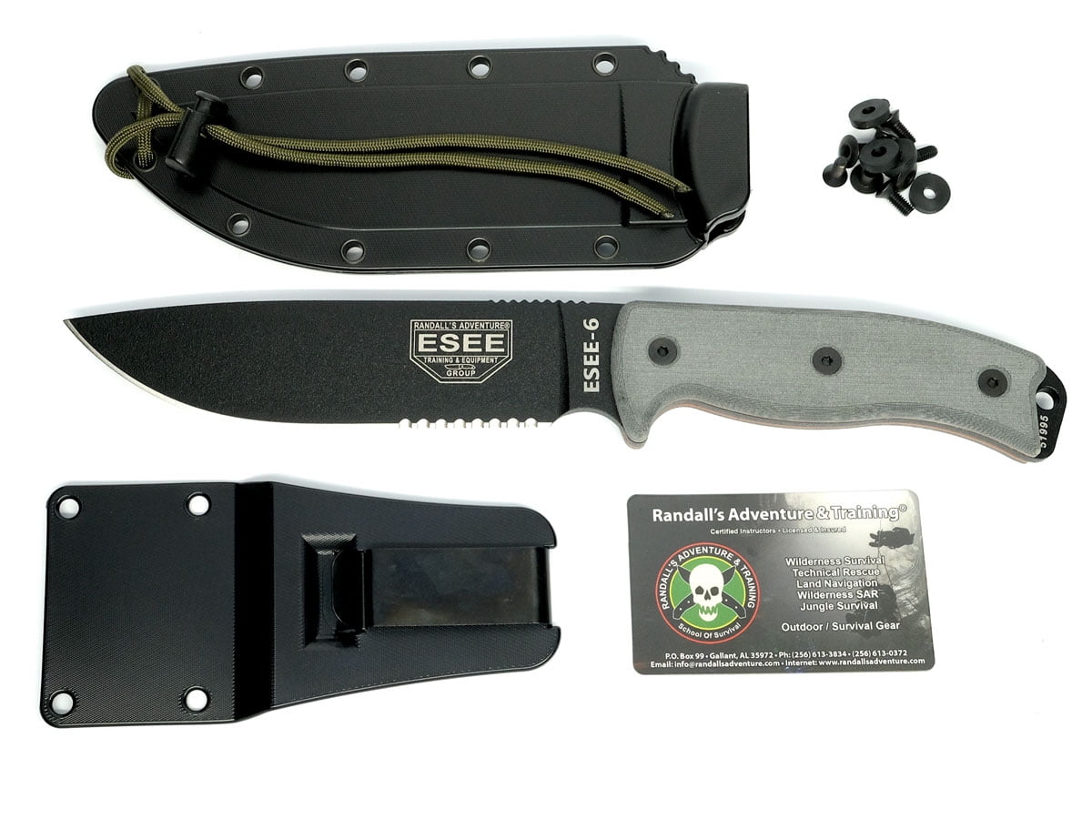 ESEE 6S-B Knife Black Serrated 1095 Carbon Steel & Gray G10 Knives w ...
