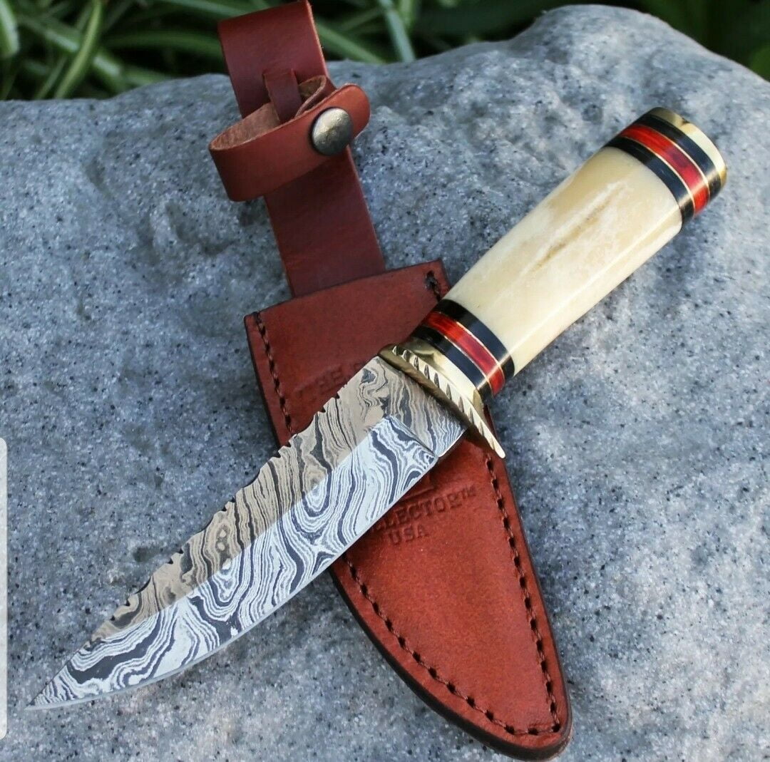 10" Damascus Blade Bone Collector Knife and Leather Sheath - Walmart.com