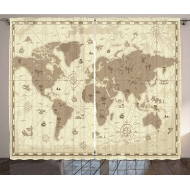 Map Curtains 2 Panels Set, Highly Detailed Ancient Grunge Treasure Map ...