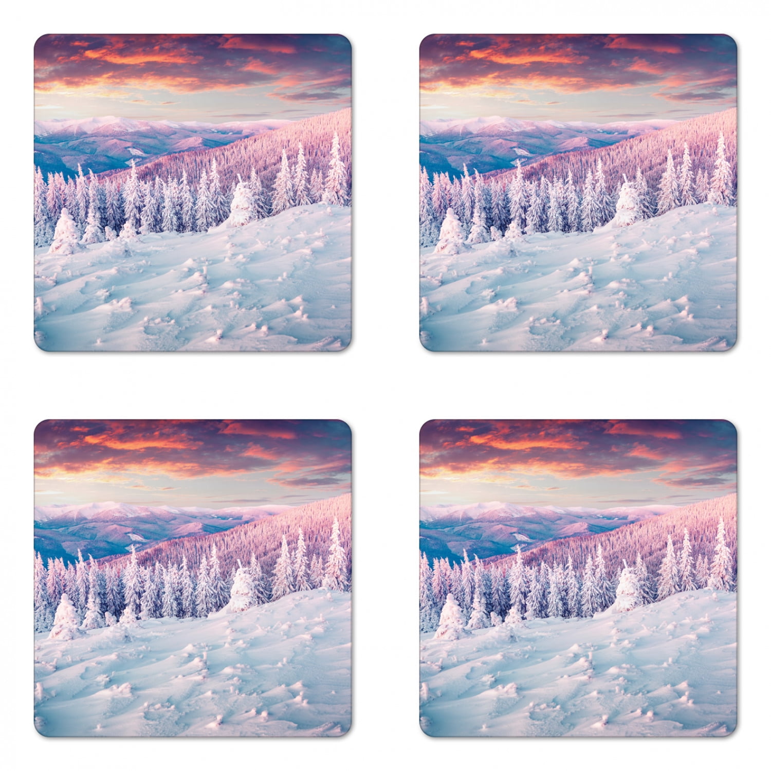 Winter Coaster Set of 4, European Snowy Mountains Pine Forest with Sky ...