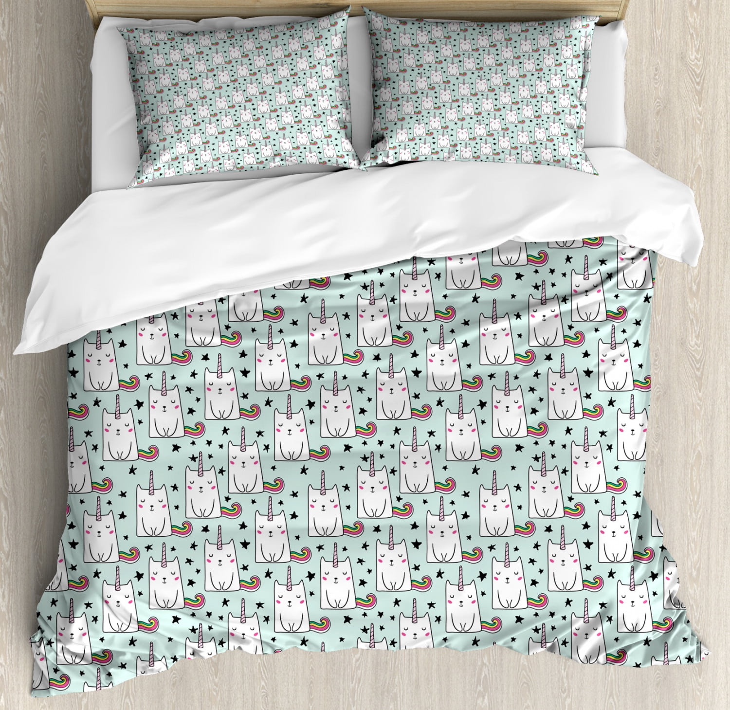 Cat Queen Size Duvet Cover Set, Hand Drawn Star Filled Background ...