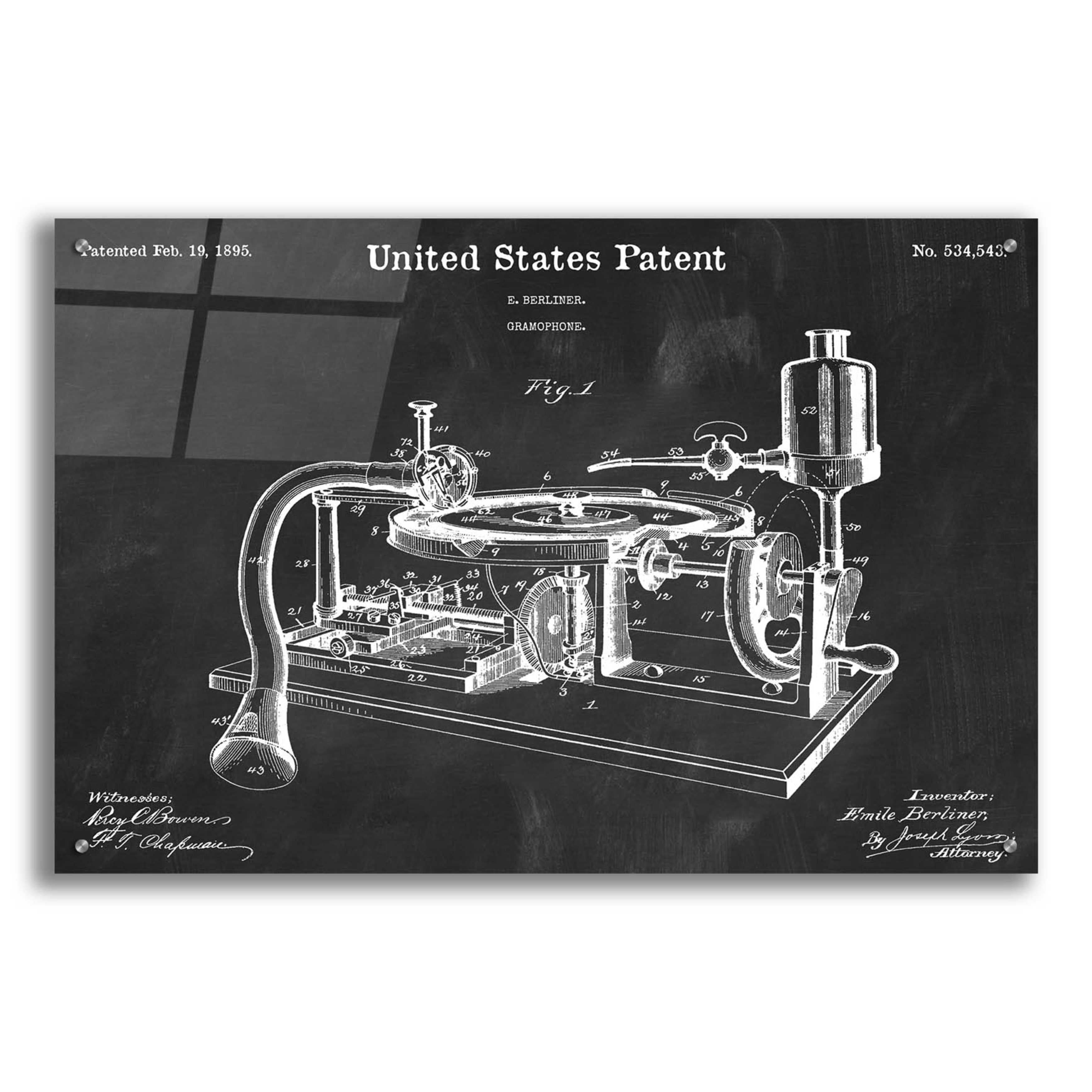 Epic Art 'Gramophone, 1895 Blueprint Patent Chalkboard,' Acrylic Glass ...