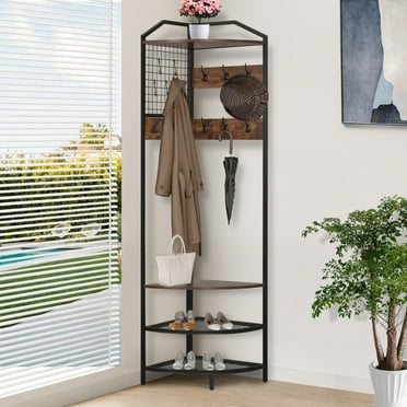Corner Coat Rack with Shoe Bench Entryway, Home Corner Hall Tree with 6 ...