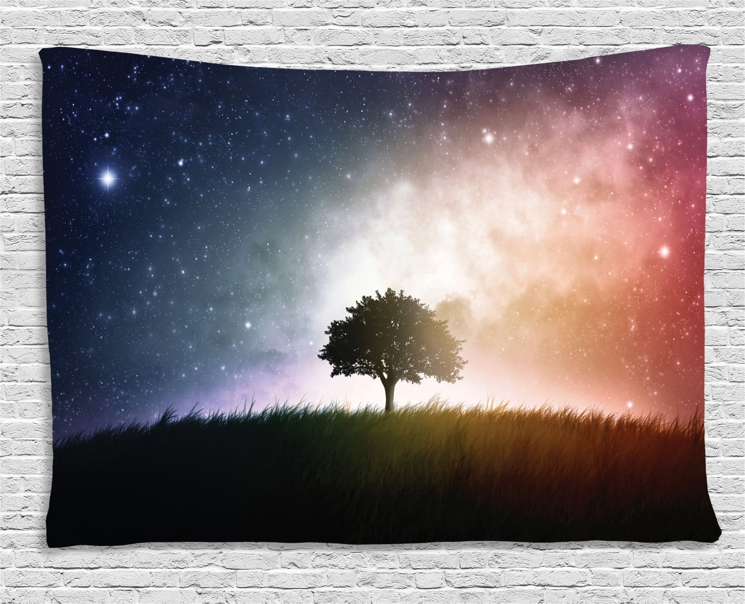 Space Tapestry, Single Tree in Field of Meadow Valley with Stars ...