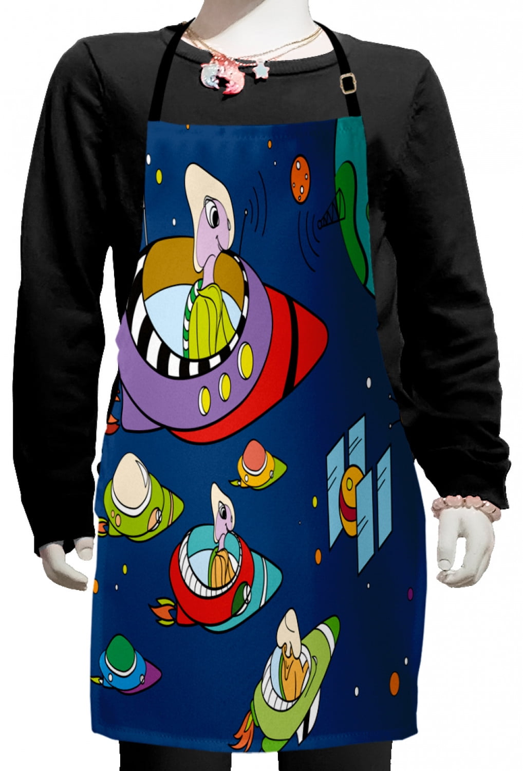 Alien Kids Apron, Cartoon Style Illustration of Planets Spaceships with ...