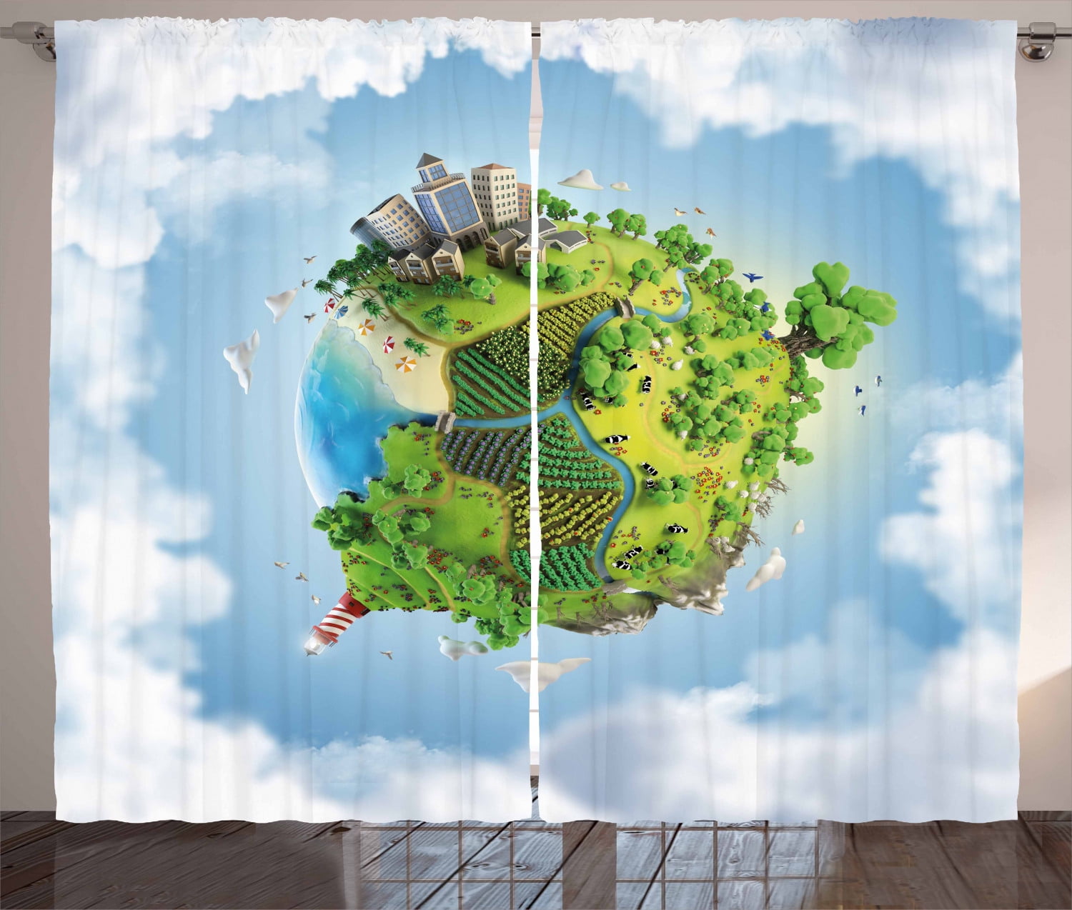 World Curtains 2 Panels Set, Cartoon Style Globe with Greenery Peaceful ...
