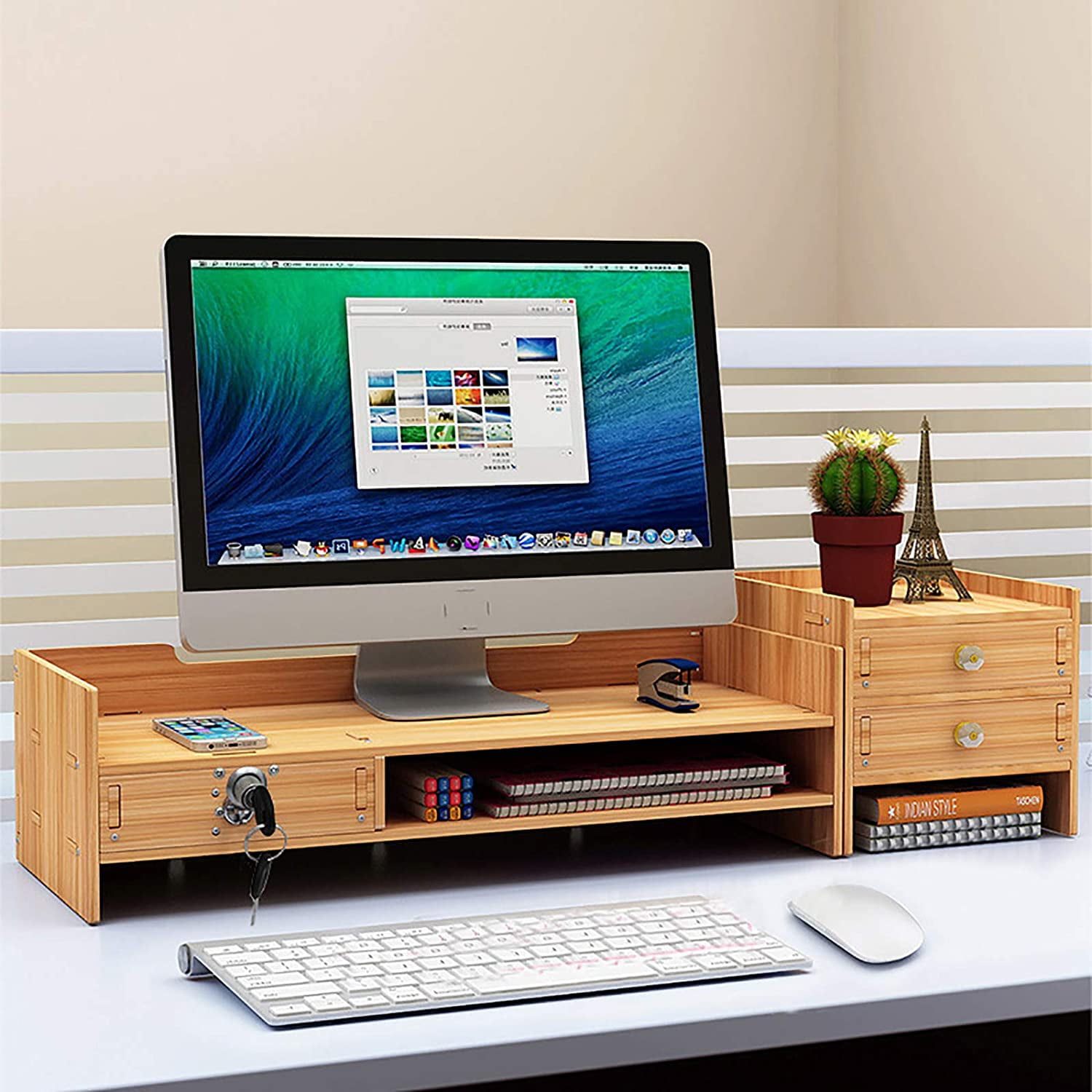 MONIPA 3 Compartments & Locked Drawer Monitor Stand Riser with Drawer ...