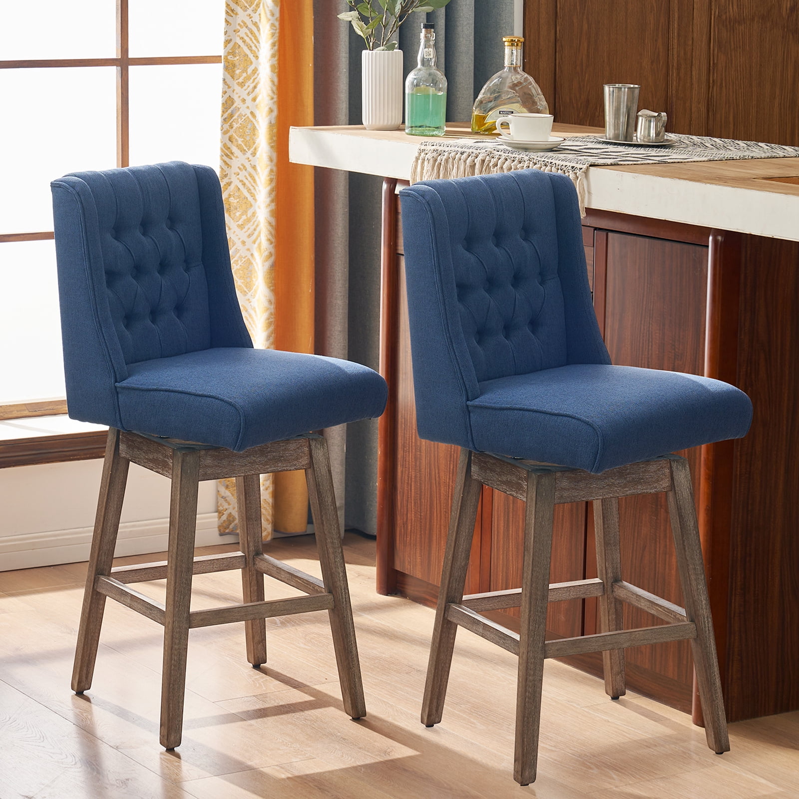 UWR-Nite Swivel Bar Stools Set of 2, Linen Fabric Button Tufted Swivel ...