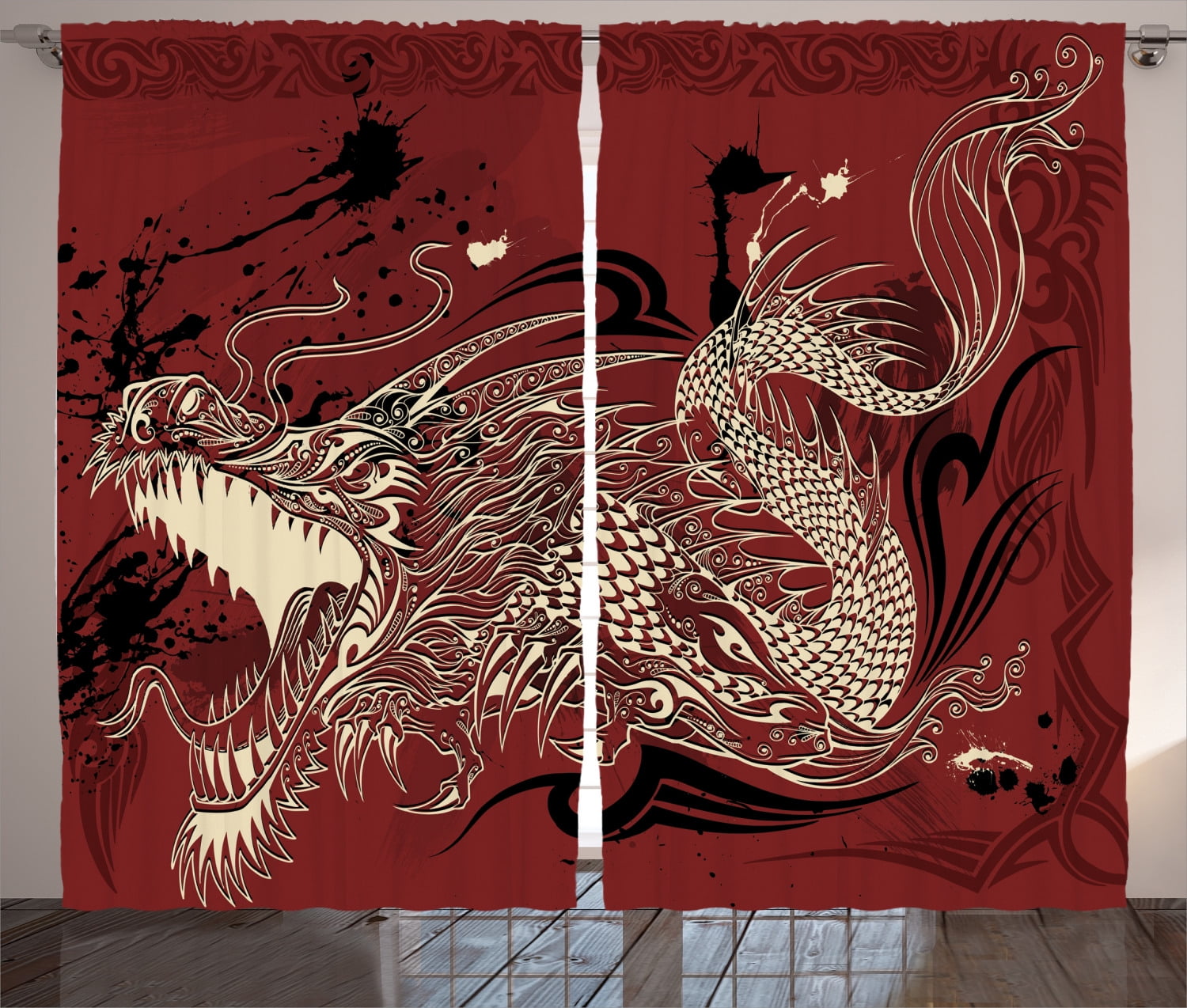 Dragon Decor Curtains 2 Panels Set, Angry Dragon Doodle on Grunge ...