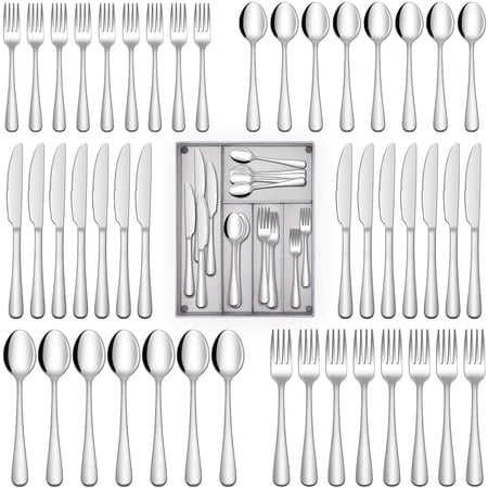 60-Piece Silverware Set with Tray, Stainless Steel Flatware Cutlery Set ...