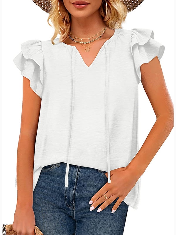 Feremo Women V Neck Chiffon Shirt Top Lace Up Pleated Ruffle Sleeve T