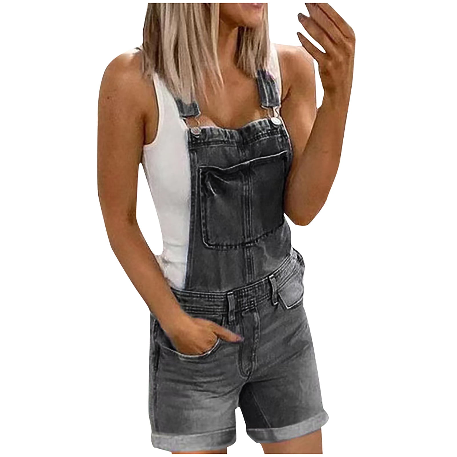 Overall Shorts for Women Ripped Denim Bib Jumpsuit Roll Hem Jean Shorts ...
