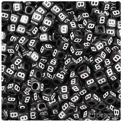BeadTin Black Opaque 6mm Cube Alpha Beads - White Letter B (80pcs ...