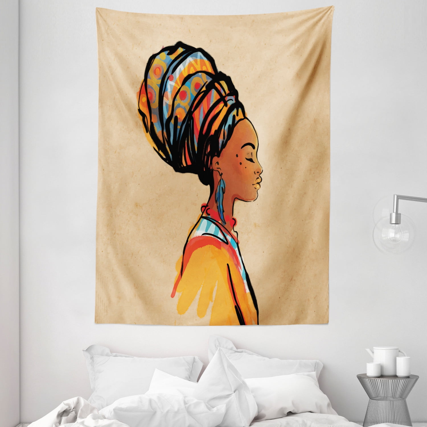 African Tapestry, Ethnic Woman with Exotic Feather Earring and Scarf ...