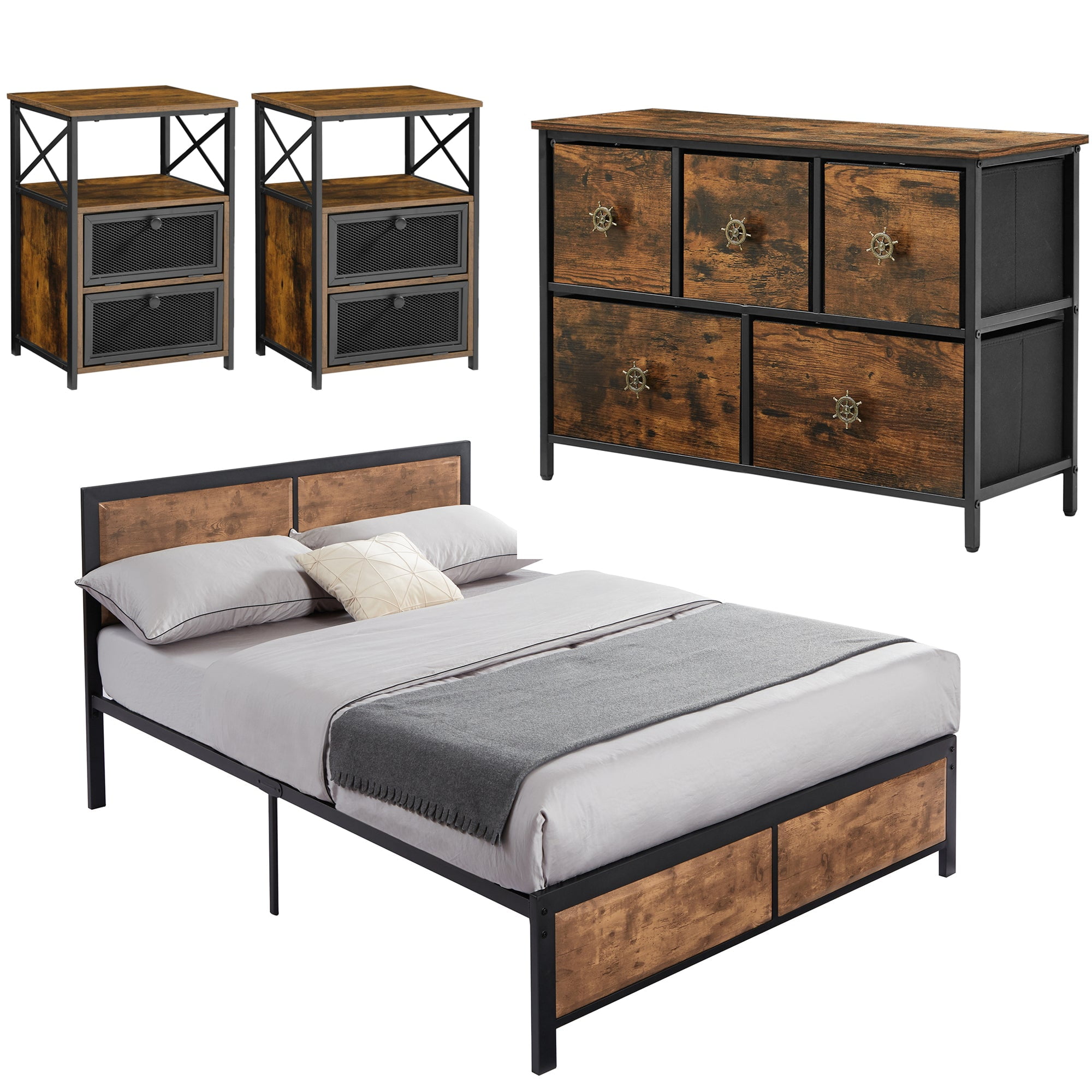 VECELO 4-Piece Queen Size Bedroom Set with Bed Frame & 5-Drawer Dresser ...
