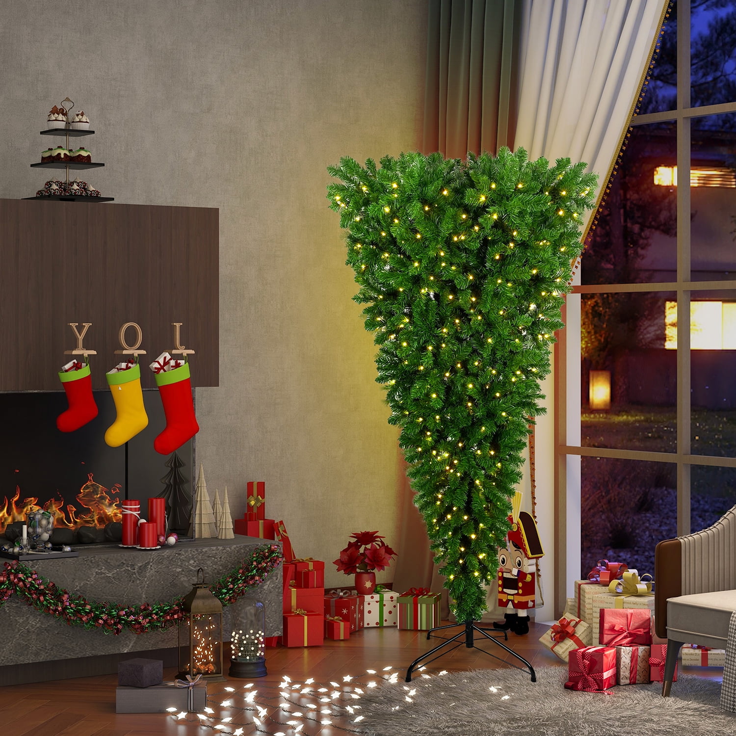 Resenkos Upside Down Pre-lit 6ft Green Christmas Classic Xmas Pine Tree ...