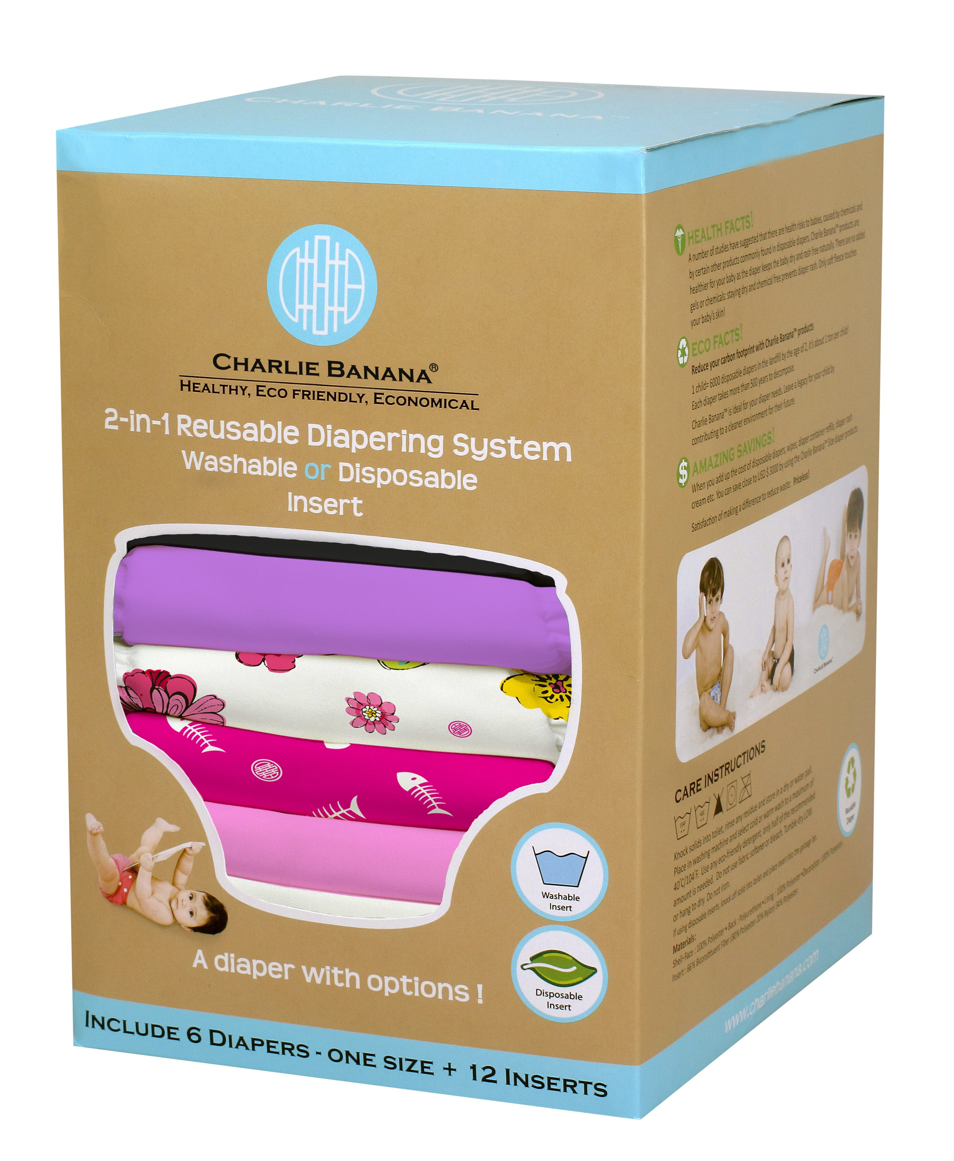 Charlie Banana 6 Cloth Diapers and 12 Insert Kit, Sassy Collection, One ...
