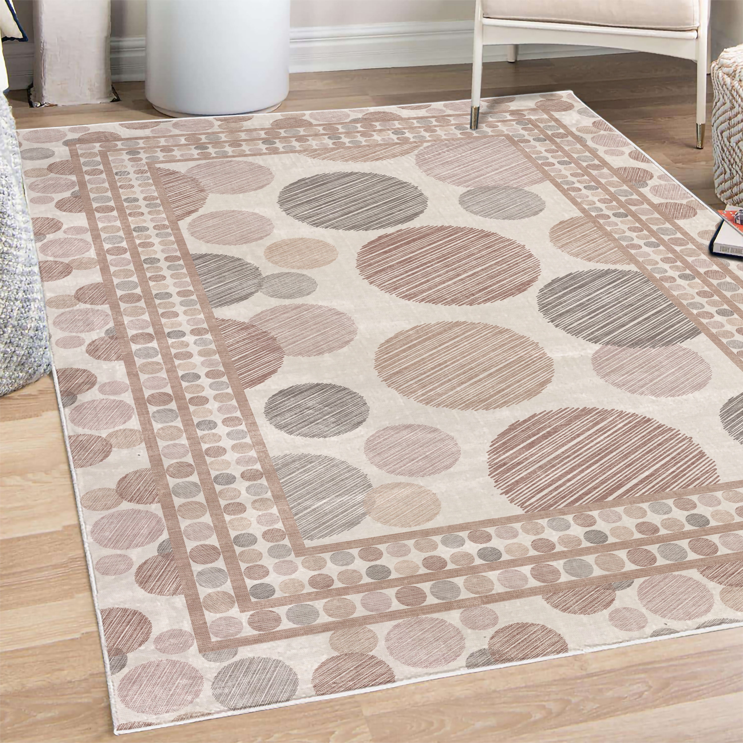Geometric Decorative Rug, Scribble Style Striped Rounds and Dots in ...