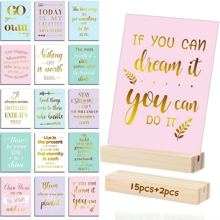 15 Pieces Inspirational Quote Desk Card with 2 Pieces Wooden Block Desk ...