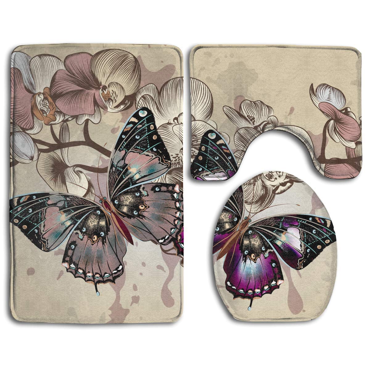 PUDMAD Flowers and Butterflies 3 Piece Bathroom Rugs Set Bath Rug ...