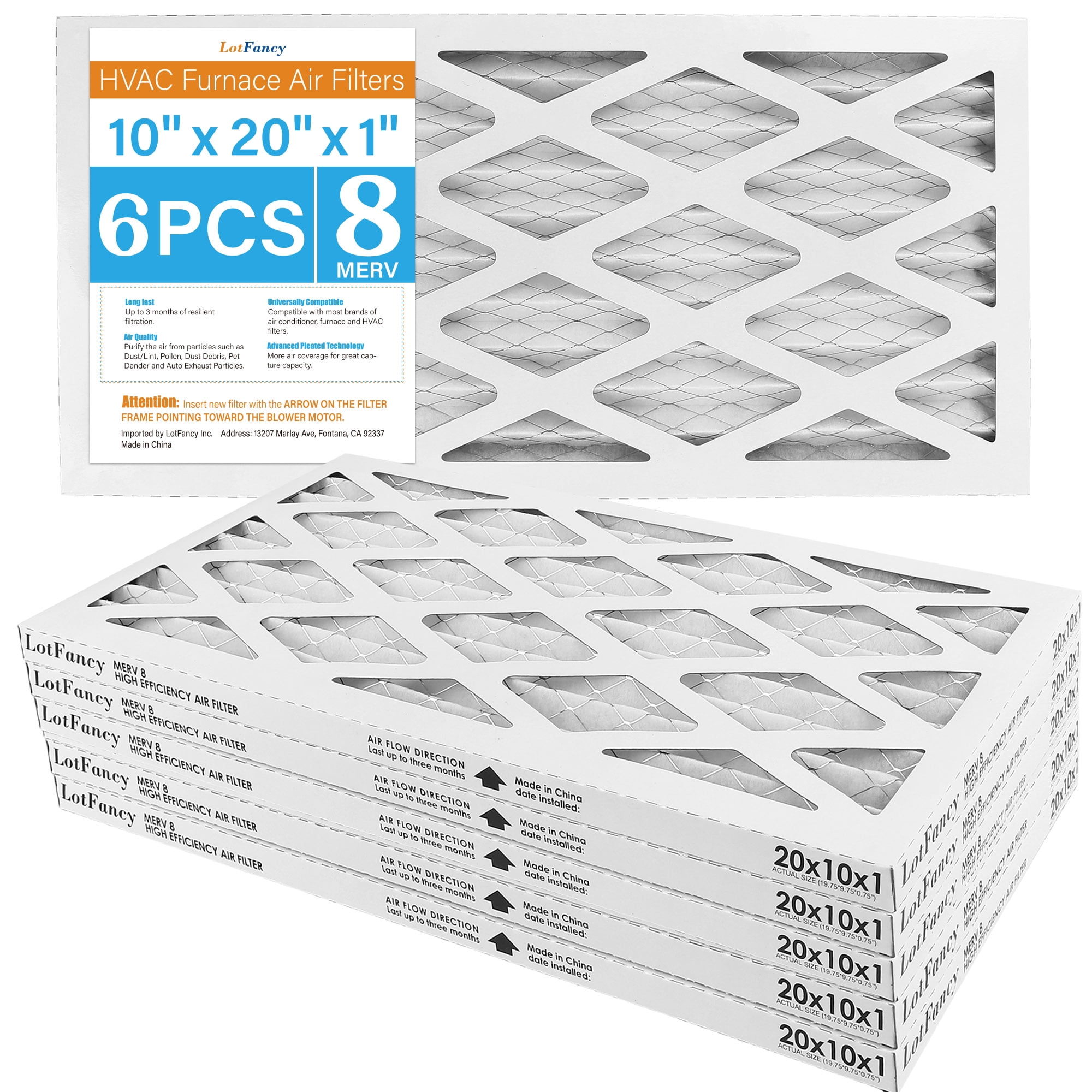 LotFancy 10x20x1 Air Filters, 6 Pack, MERV 8 Pleated HVAC AC Furnace ...
