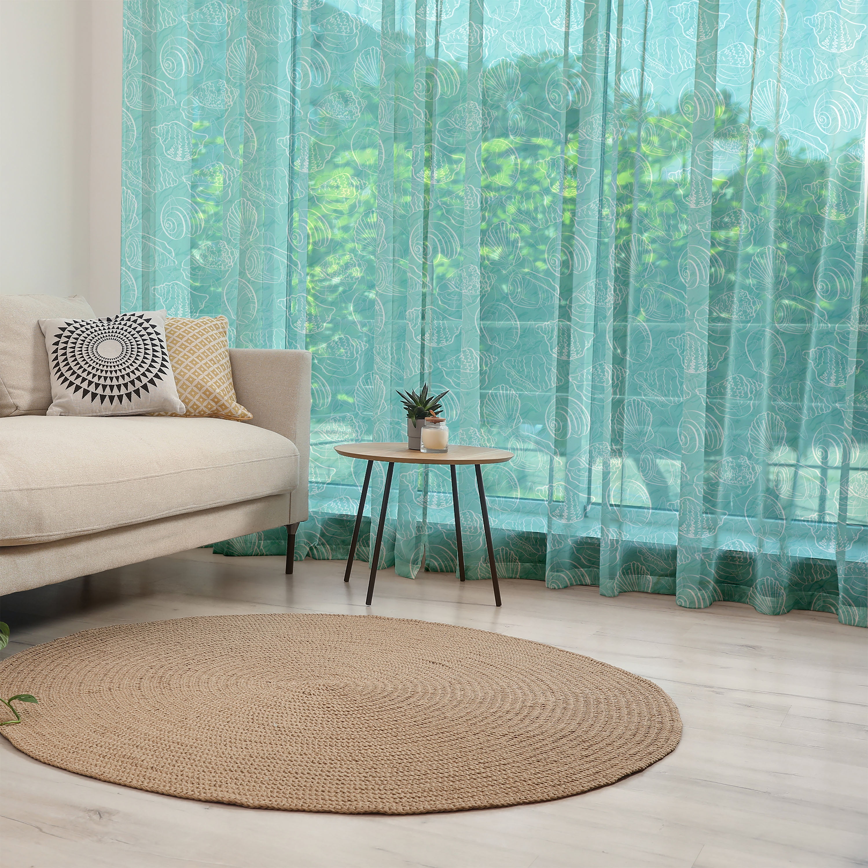 Sea Shells Tulle Curtains with Rod Pocket, Doodle Style Marine ...