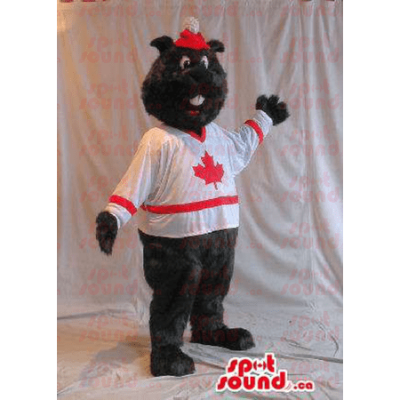 Black Bear Plush SPOTSOUND Mascot Dressed In A T-Shirt With A Maple Lea ...