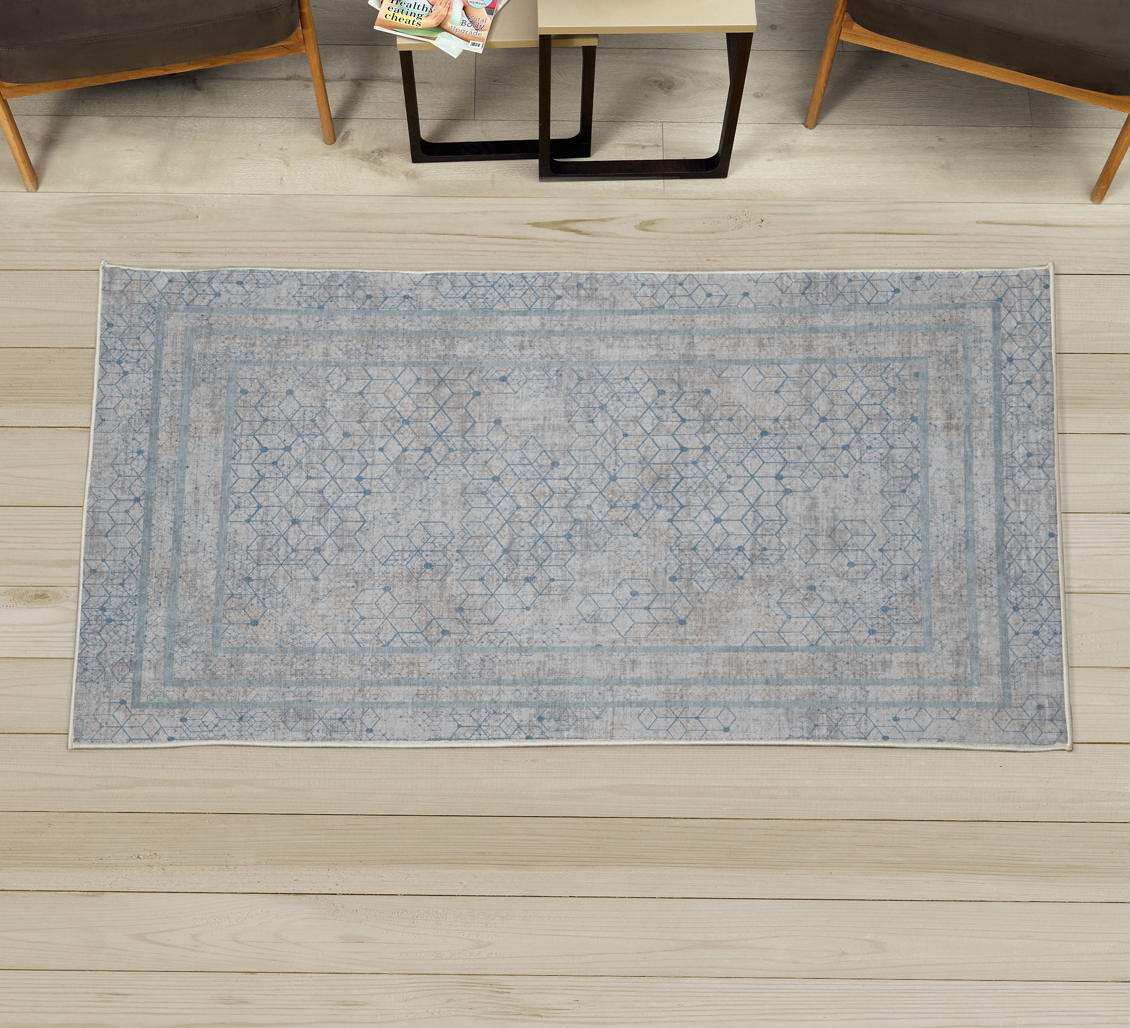 Geometric Decorative Rug, Grunge Look Inspired Cubic Themed Squares ...