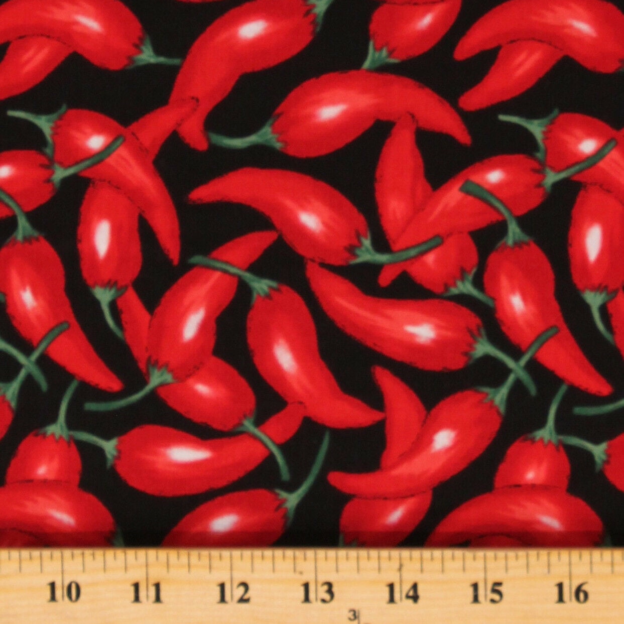 Cotton Peppers Foods Red on Black Vegetables Spicy Cotton Fabric Print ...