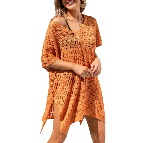 Pudcoco Women Crochet Bikini Cover Ups Knit Cutout Split Beach Dress