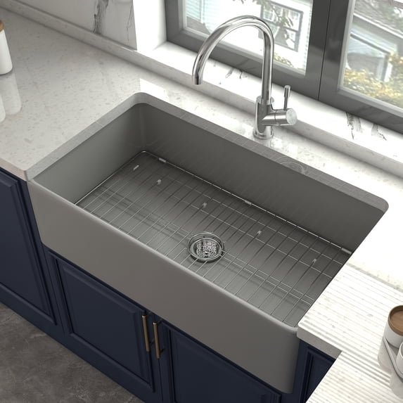TOBILI 36" Fireclay Farmhouse Grey Kitchen Sink with Sink Grid & Basket ...