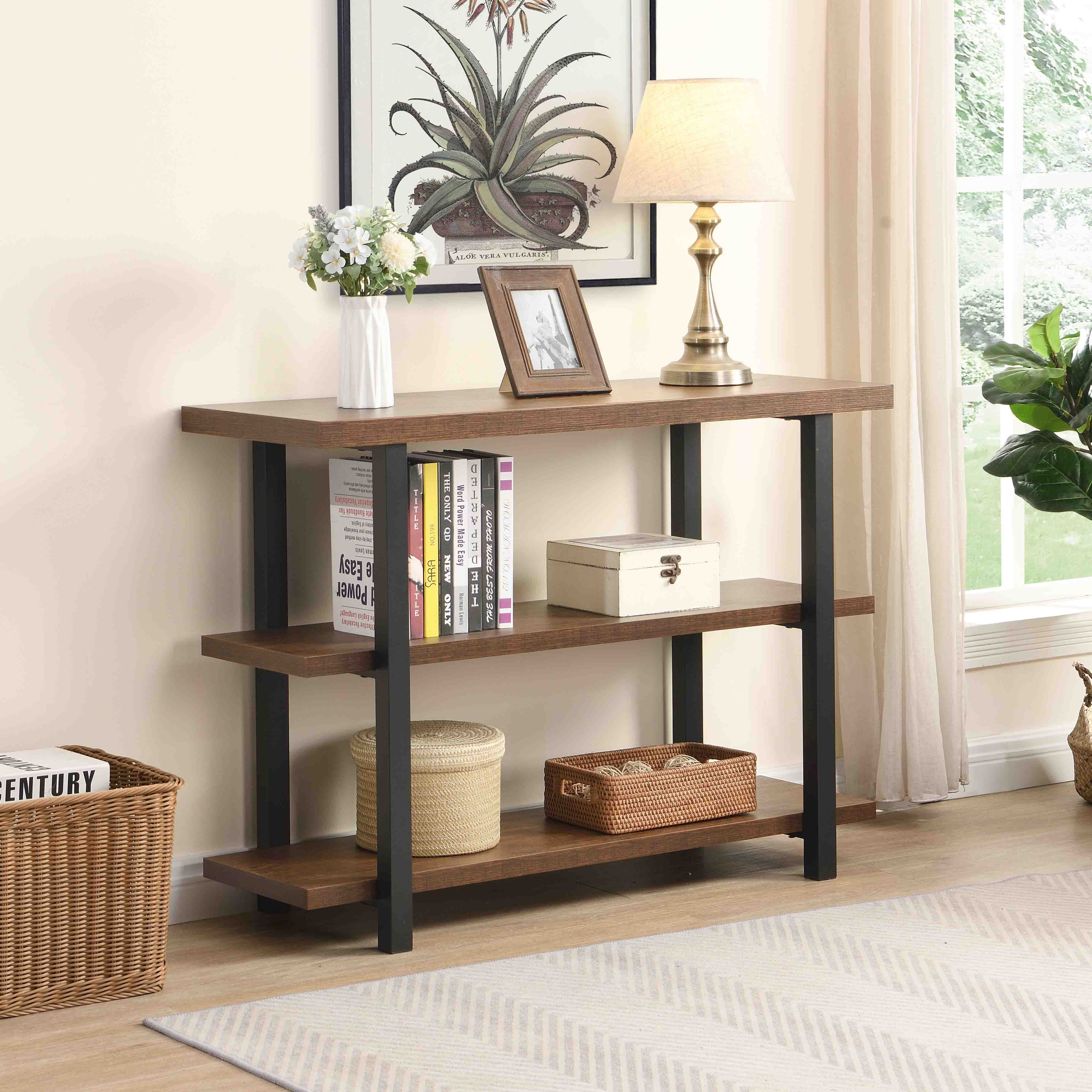 CoSoTower Brown Wood and Metal Sofa Table, Narrow Hallway Table, 3-Tier ...