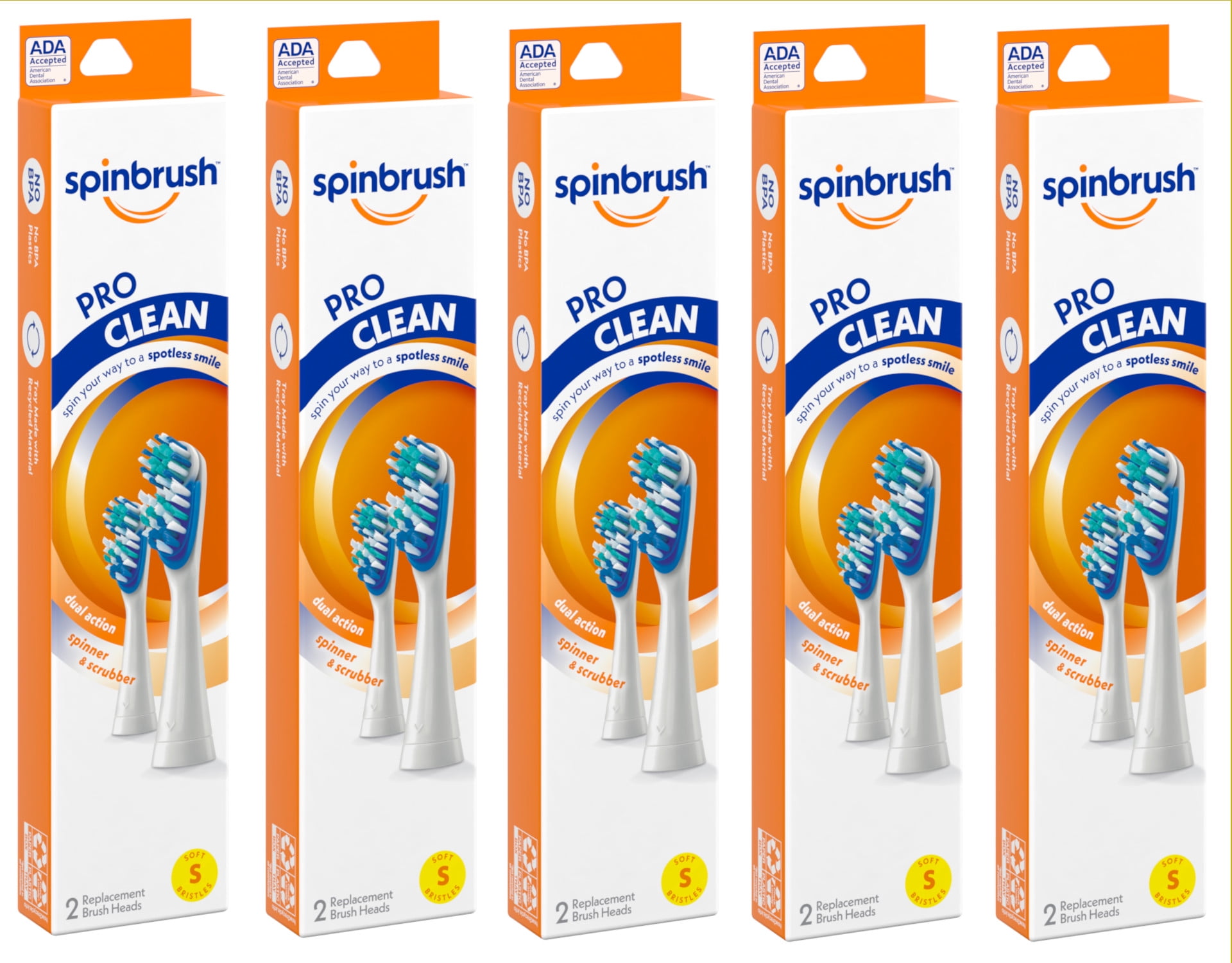 5 Pack - Arm & Hammer Spinbrush Pro Clean Replacement Brush Heads Soft ...